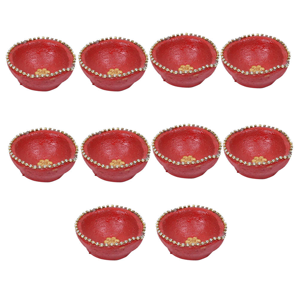 Shop Online Set Of 10 Traditional Painted Terracotta Diyas - Multi at ₹299