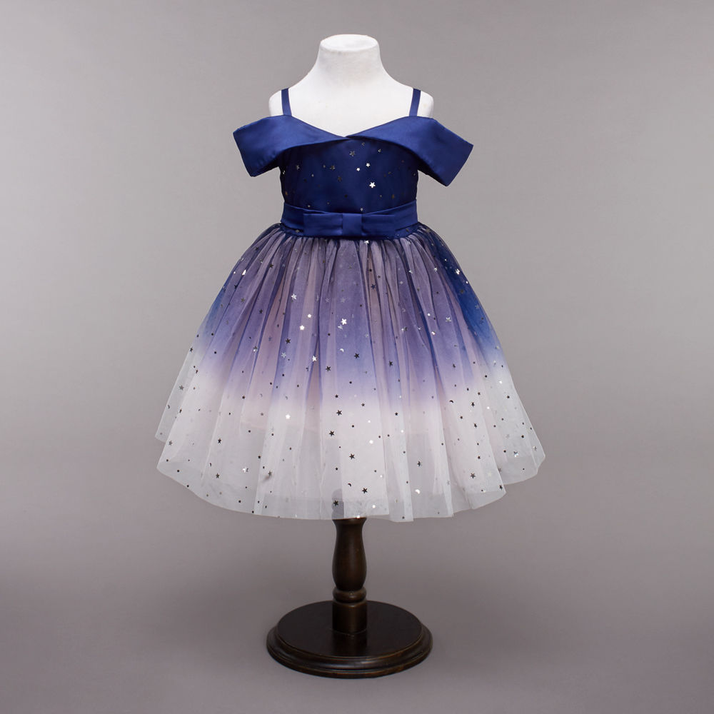 Shop Online Girls Blue Glitter Print Party Dress at ₹979