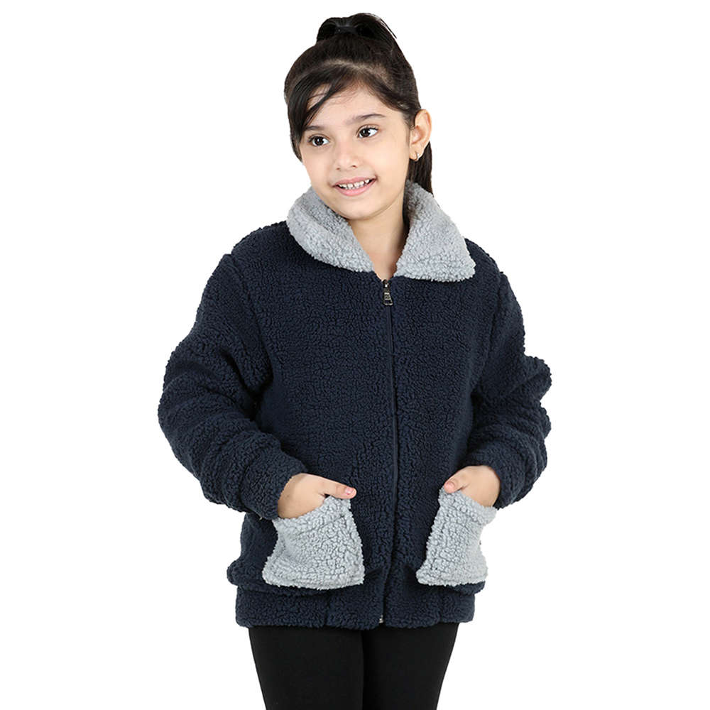Shop Online Girls Navy Full Sleeve Sherpa Coat At ₹999