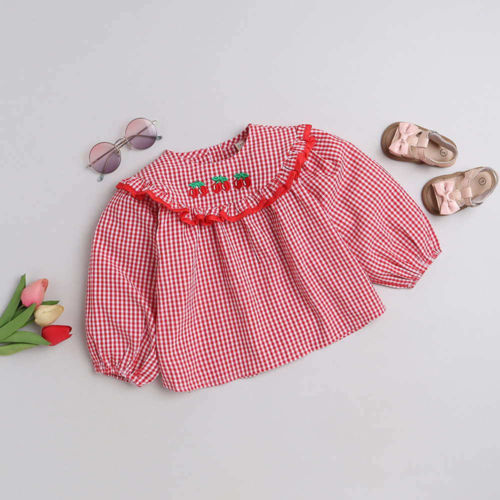 Shop Online Girls Red Full-Sleeve Fruit Print Blouses at ₹779