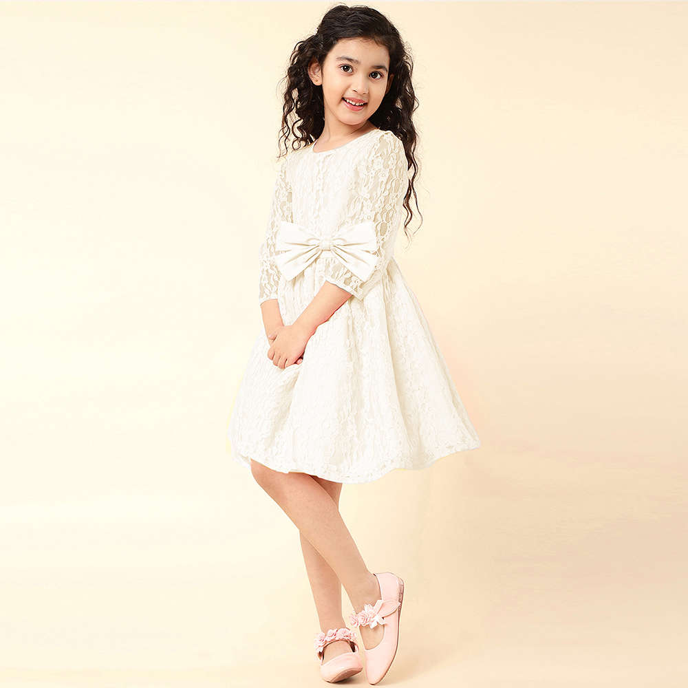 Shop Online Girls Cream Bow Applique Full-Sleeve Party Dress at ₹789