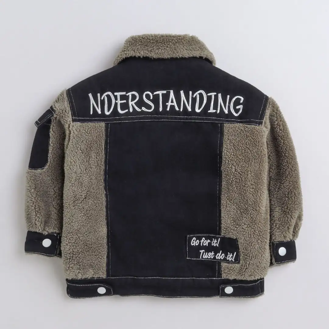 Shop Online Boys Brown and Black Text Print Full-Sleeve Jacket at ₹1609